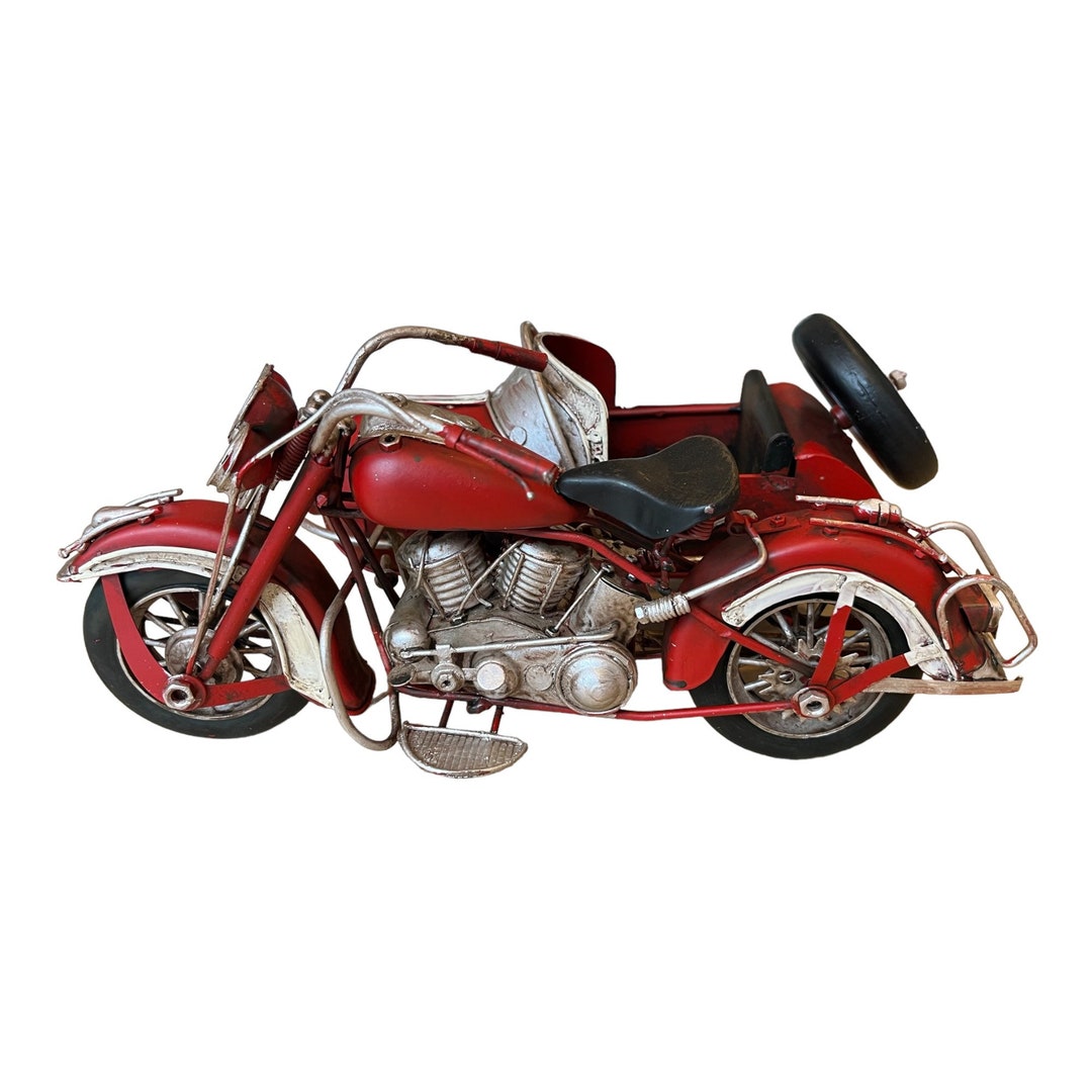 Vintage Style Model Tin Red Motorcycle With Side Car Car Memorabilia ...
