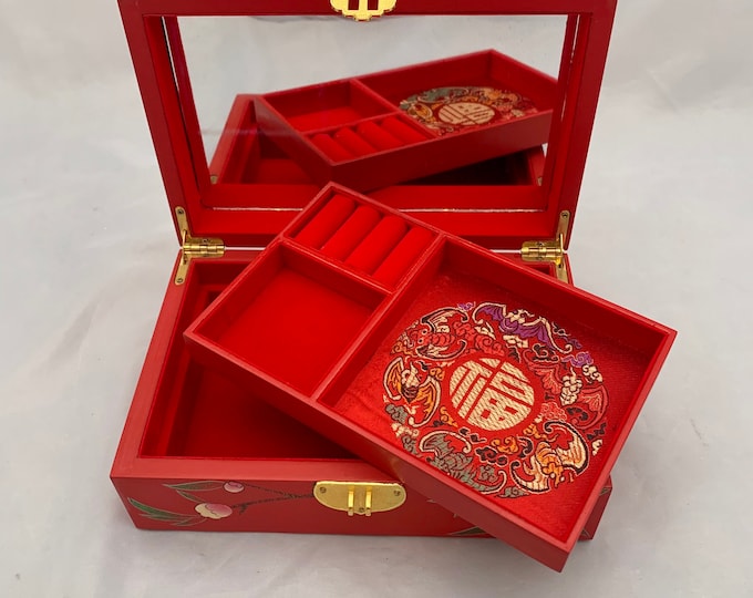 Vintage Style Chinese Red Lacquer Double Storage Lockable Jewellery Box ...