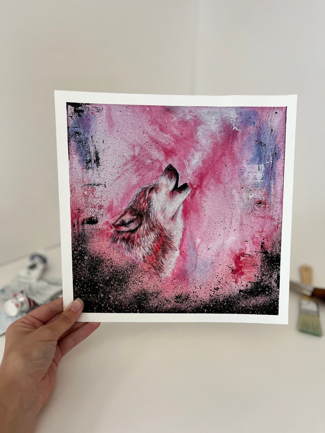 Howling Wolf Poster Pink Wolf Painting Print Colorful Wolf - Etsy