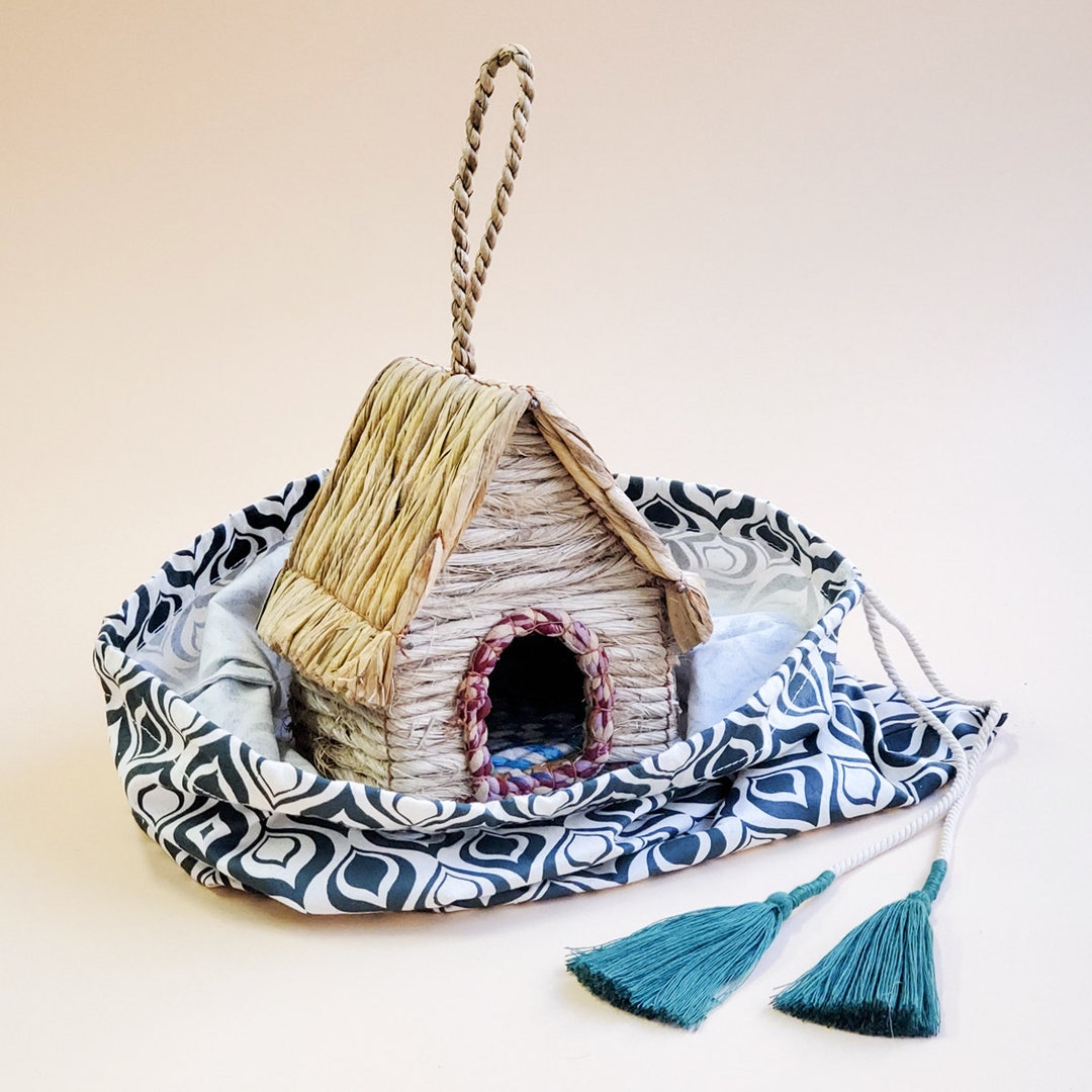 Handwoven Seagrass & Sari Birdhouse - Cabin, Natural, Bird Nester and ...