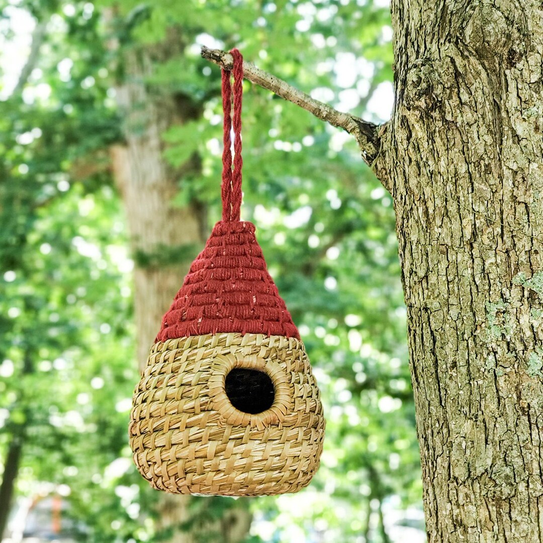 Handwoven Seagrass & Sari Birdhouse - Dewdrop, Natural, Bird Nester and ...