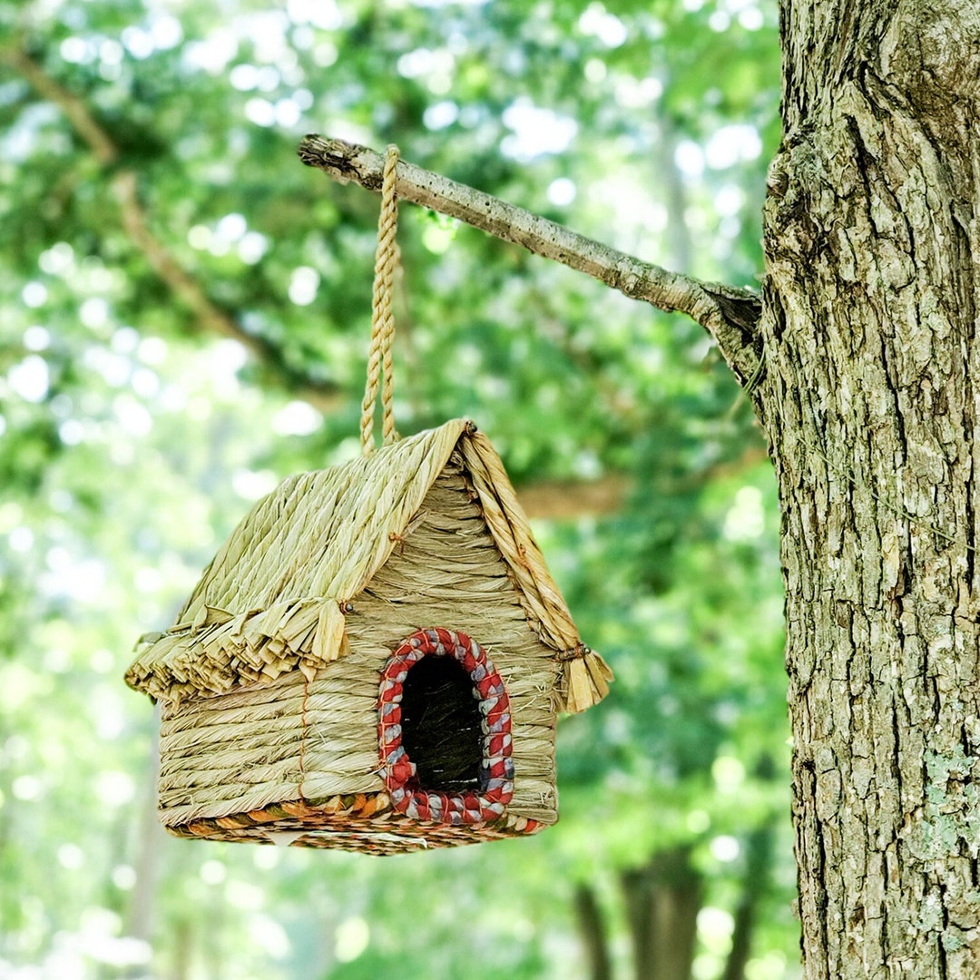 Handwoven Seagrass & Sari Birdhouse Cabin Natural Bird - Etsy