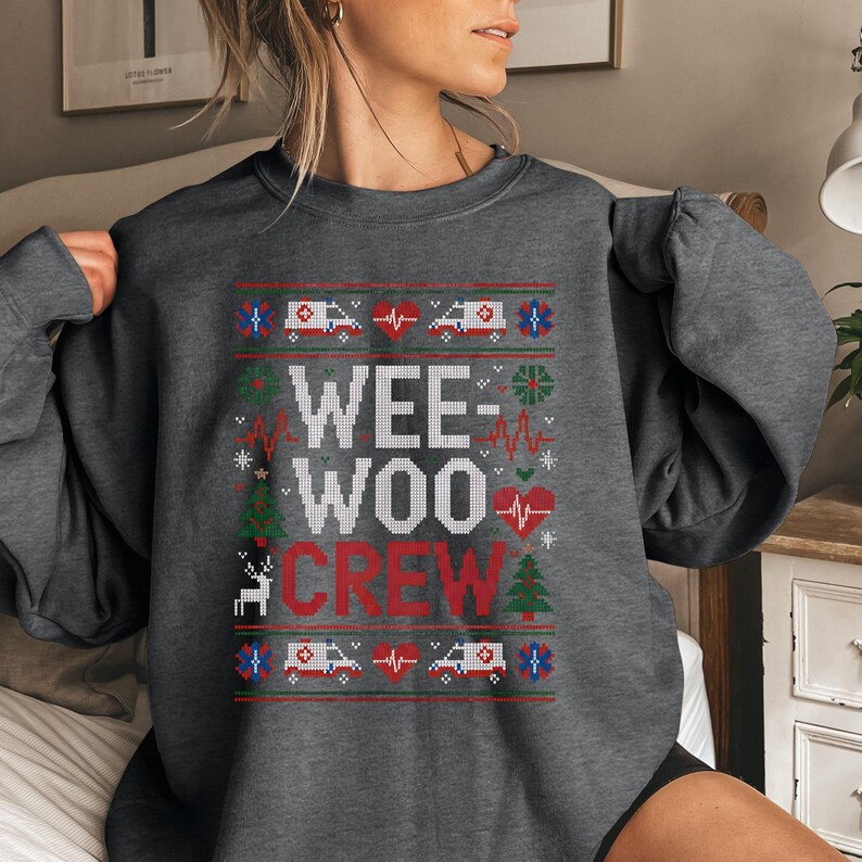 Wee Woo Crew T-shirt: Ugly Sweater Style, Christmas Tree, Emergency ...