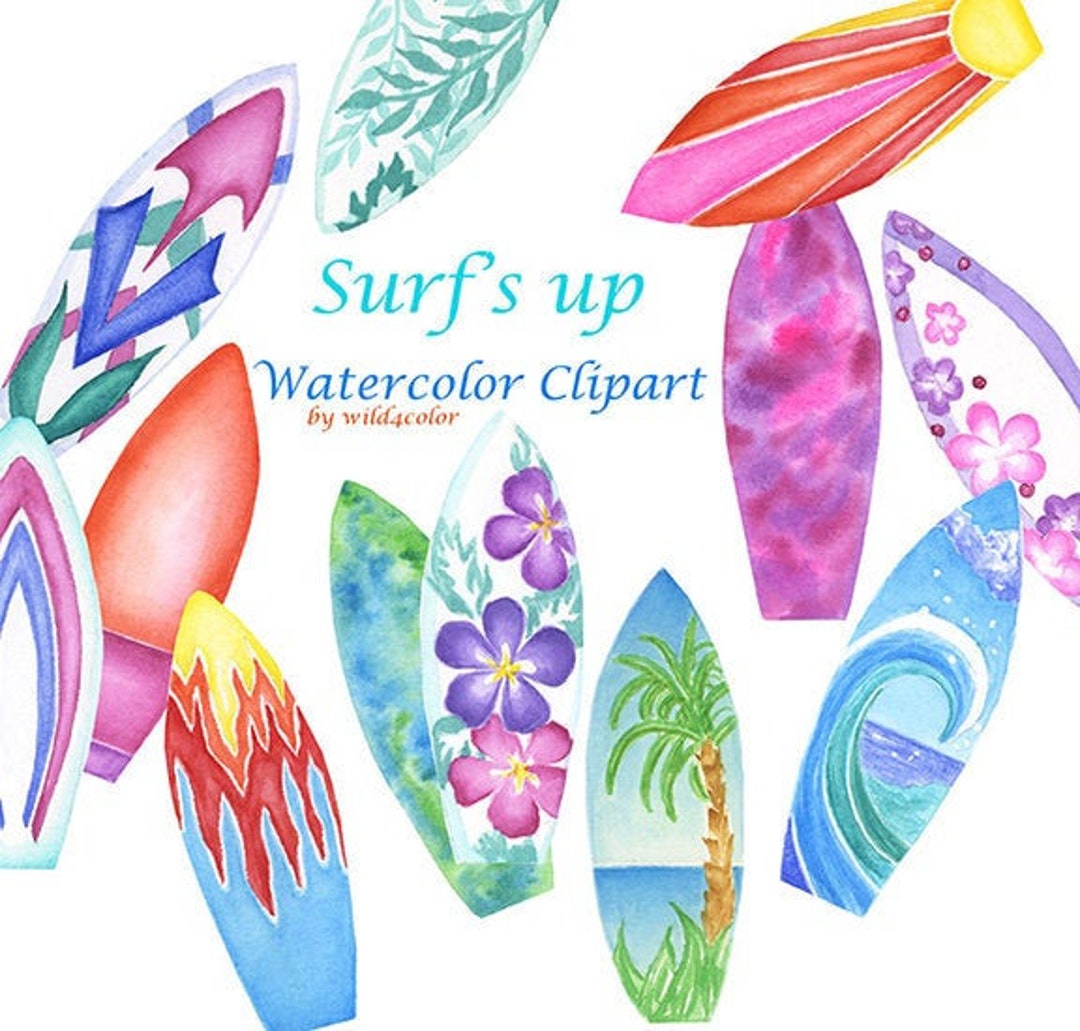 Surf's up Handpainted Watercolor Clipart Surfboards DIY Scrapbooking ...