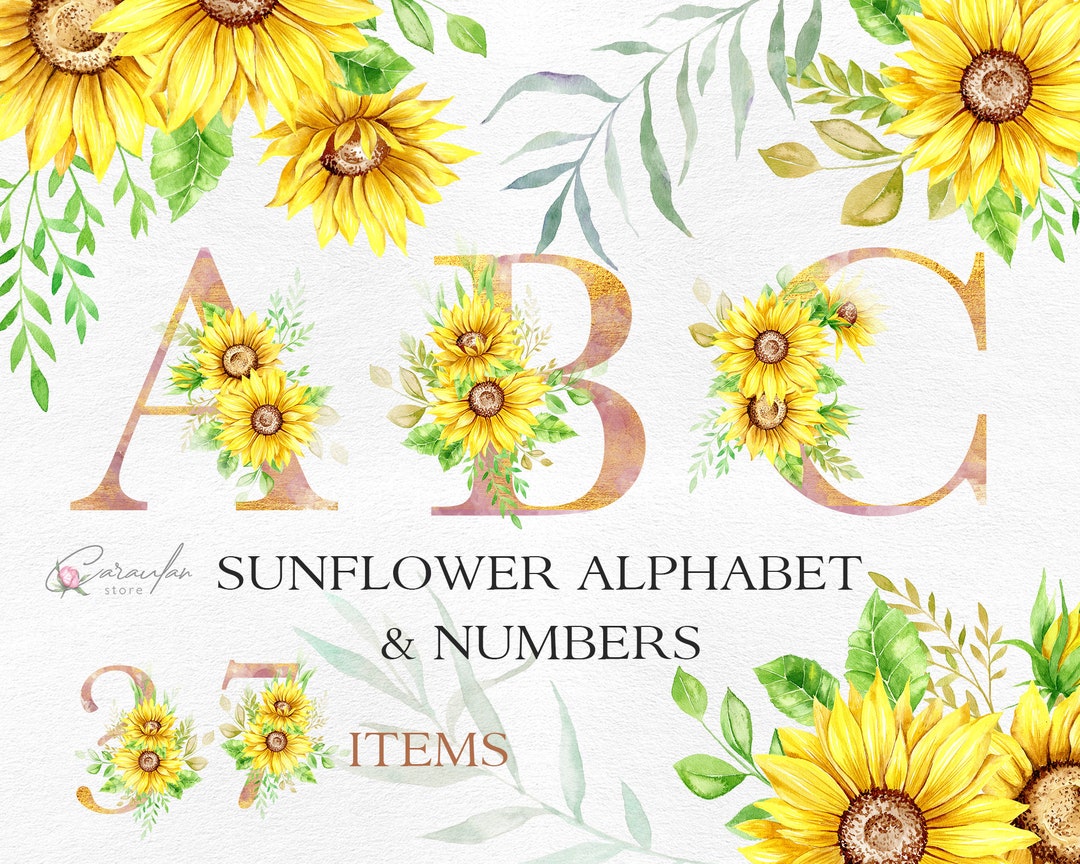 Watercolor Sunflower Alphabet, Watercolor Floral Alphabet, Floral ...