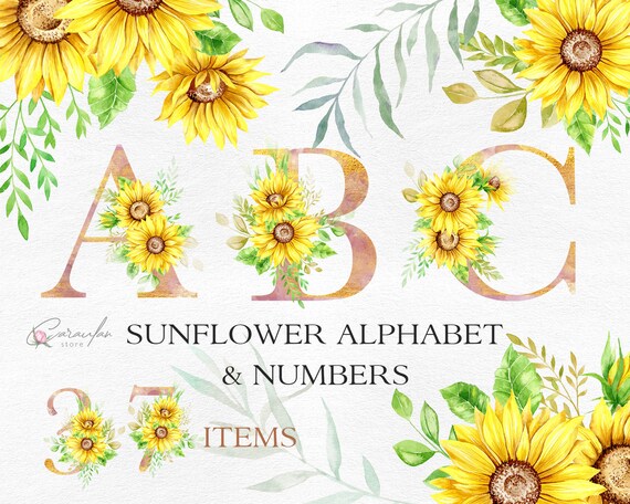 Watercolor Sunflower Alphabet Watercolor Floral Alphabet - Etsy