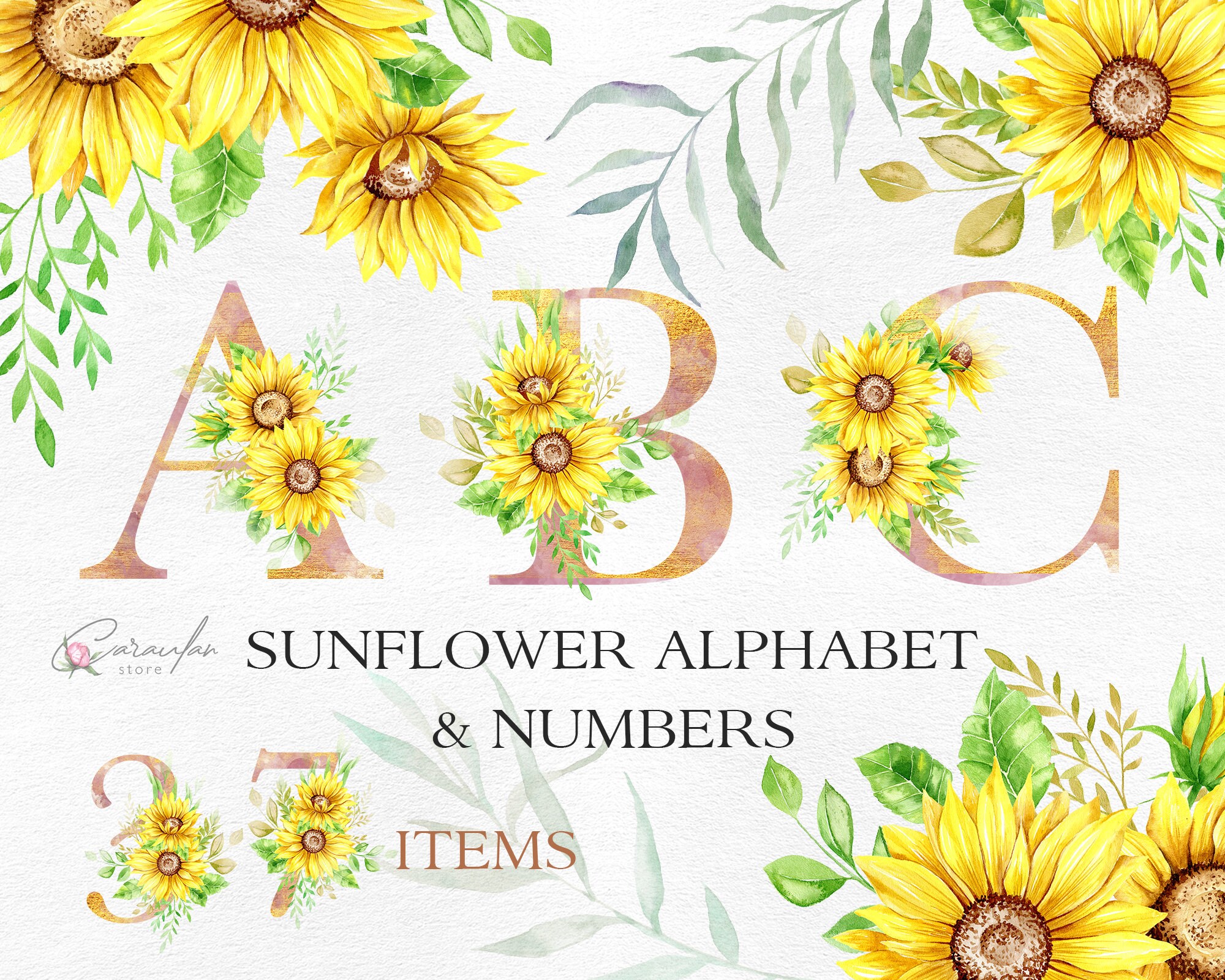Watercolor Sunflower Alphabet, Watercolor Floral Alphabet, Floral ...