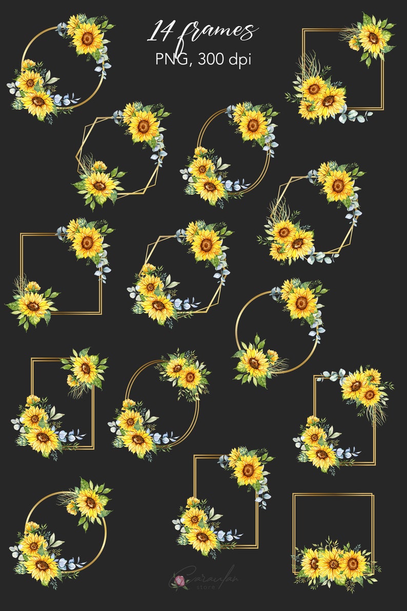 Watercolor Sunflower Frame Clipart: Rustic Floral Wreath (commercial ...