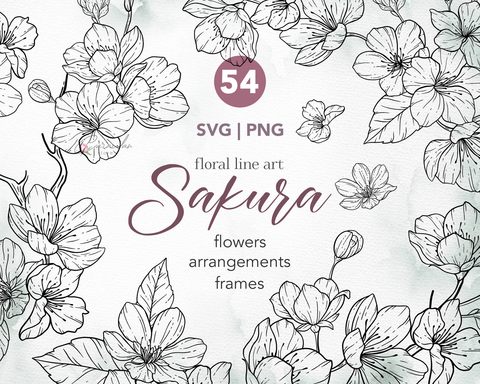 Floral Line Illustratios, Botanical SVG Clipart, Sakura Line Art ...