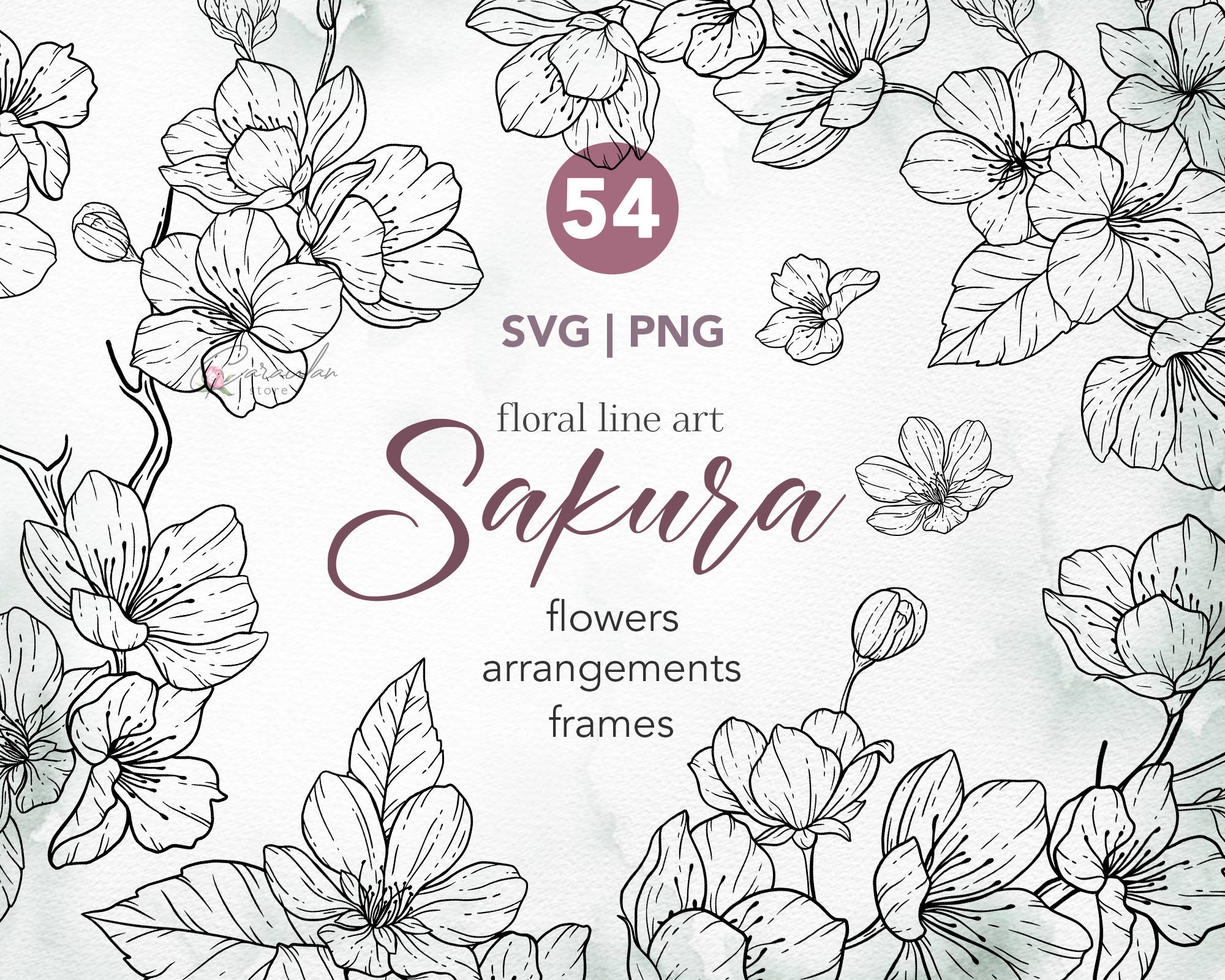 Sakura Line Art Bundle: Floral SVG Clipart, Wedding Flowers (PNG, SVG ...