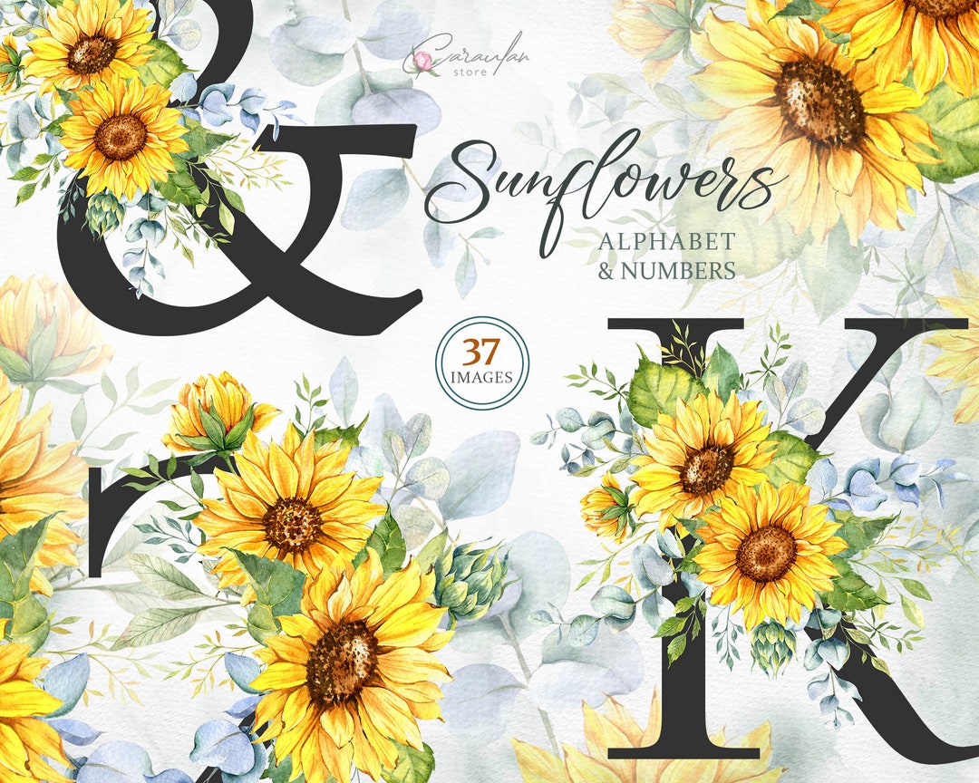 Sunflower Alphabet, Floral Alphabet, Watercolor Alphabet, Floral ...