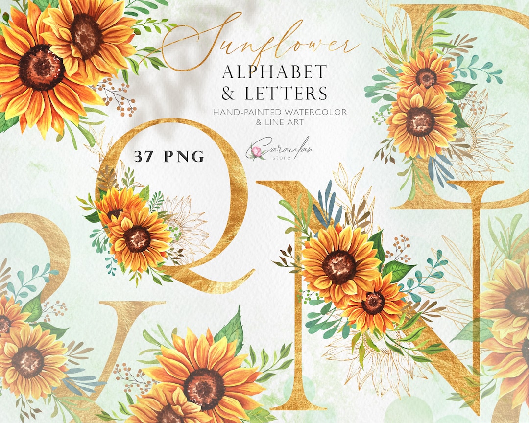 Watercolor Sunflower Alphabet, Watercolor Floral Alphabet, Floral ...