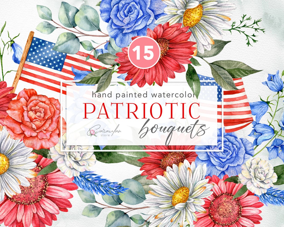 4th of July Design, Watercolor Patriotic Clipart, Patriotic Floral ...