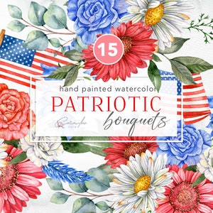 4th of July Design, Watercolor Patriotic Clipart, Patriotic Floral ...