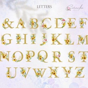 Watercolor Wedding Monogram, Watercolor Sunflower Alphabet, Watercolor ...