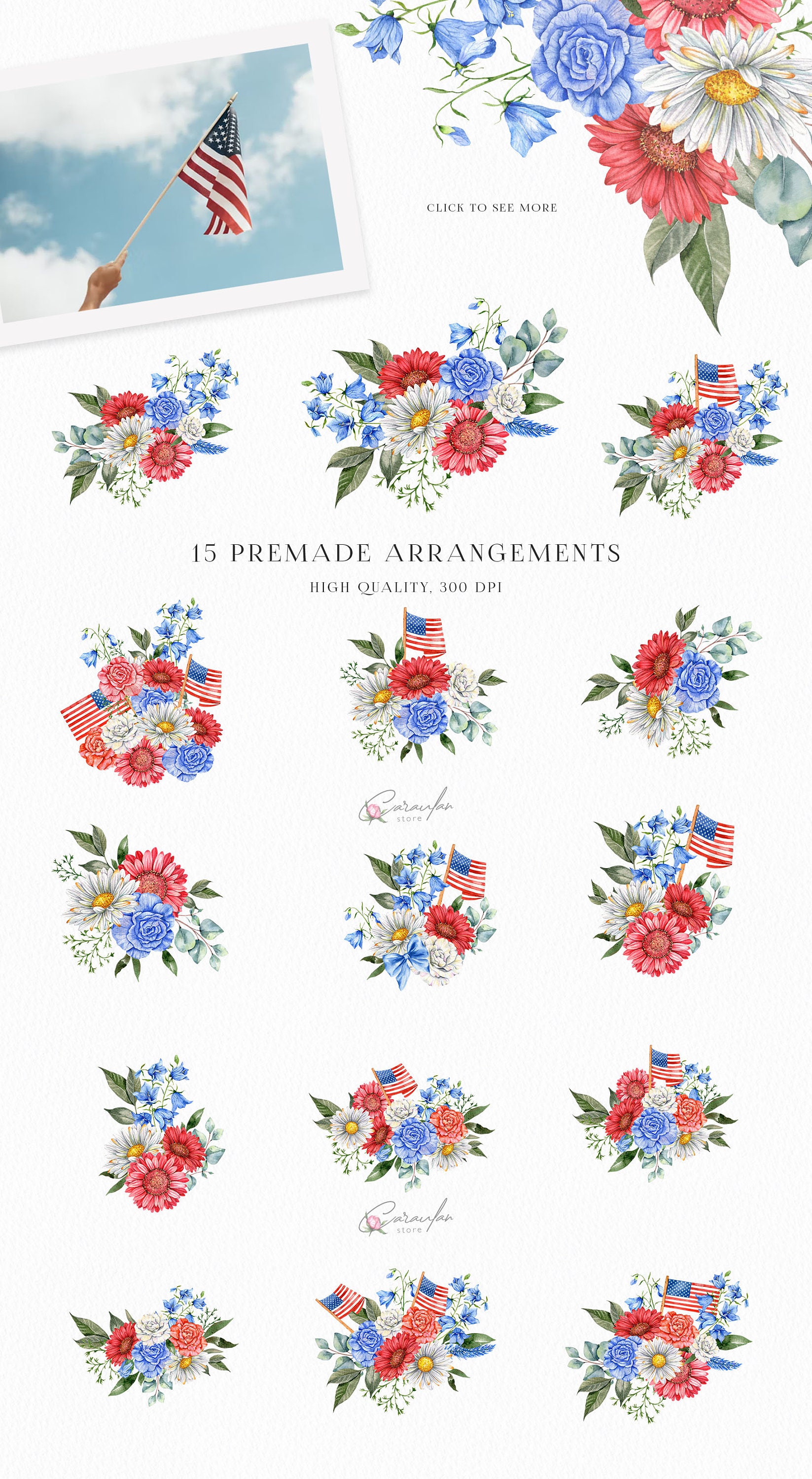 4th of July Design, Watercolor Patriotic Clipart, Patriotic Floral ...