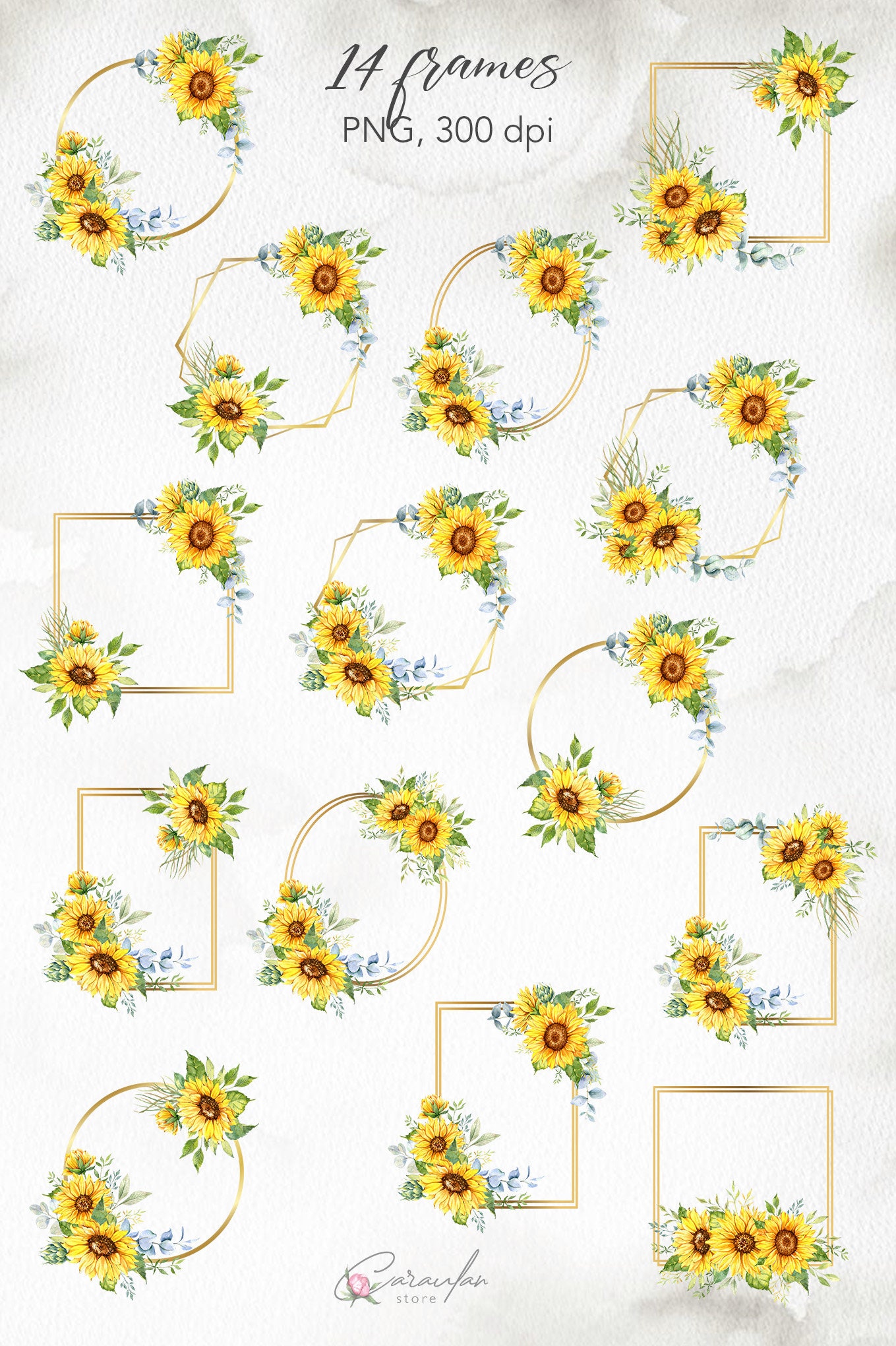 Watercolor Sunflower Frame Clipart: Rustic Floral Wreath (commercial ...