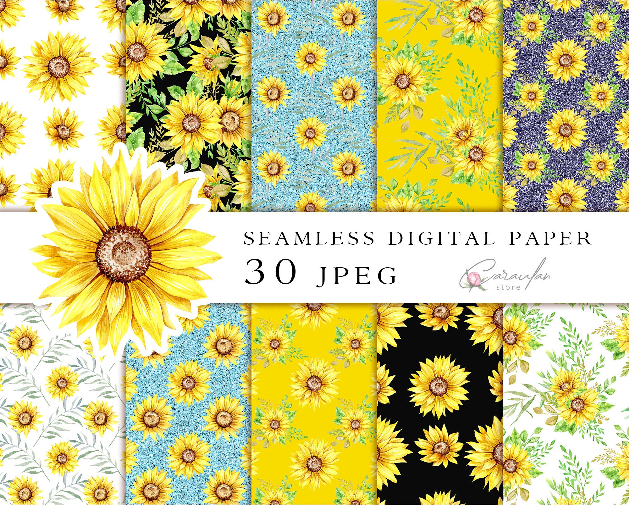Sunflower Seamless Pattern, Watercolor Sunflower Digital Paper ...
