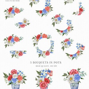 4th of July Clipart, Watercolor Patriotic Clipart, Patriotic Floral ...