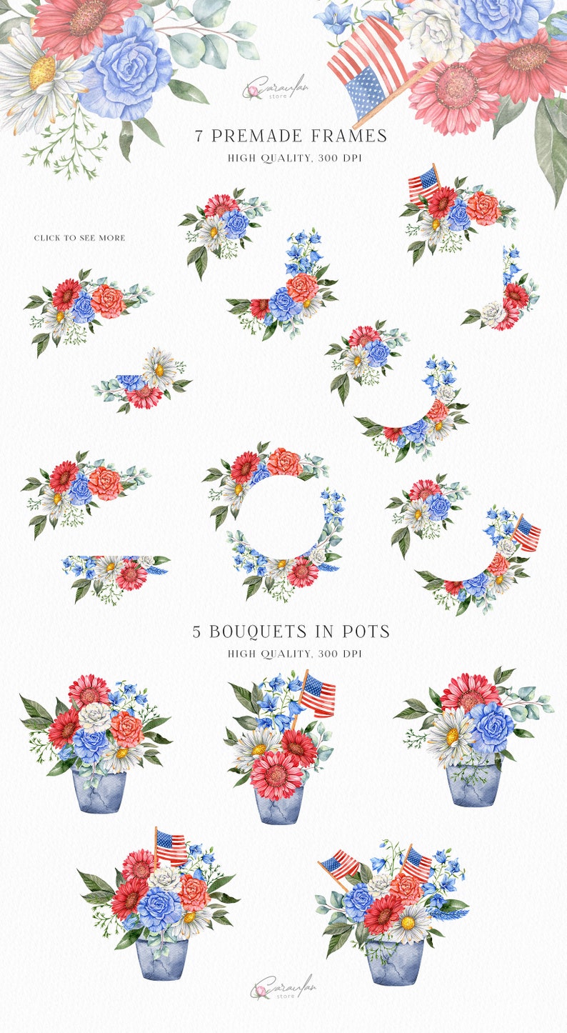 4th of July Clipart, Watercolor Patriotic Clipart, Patriotic Floral ...