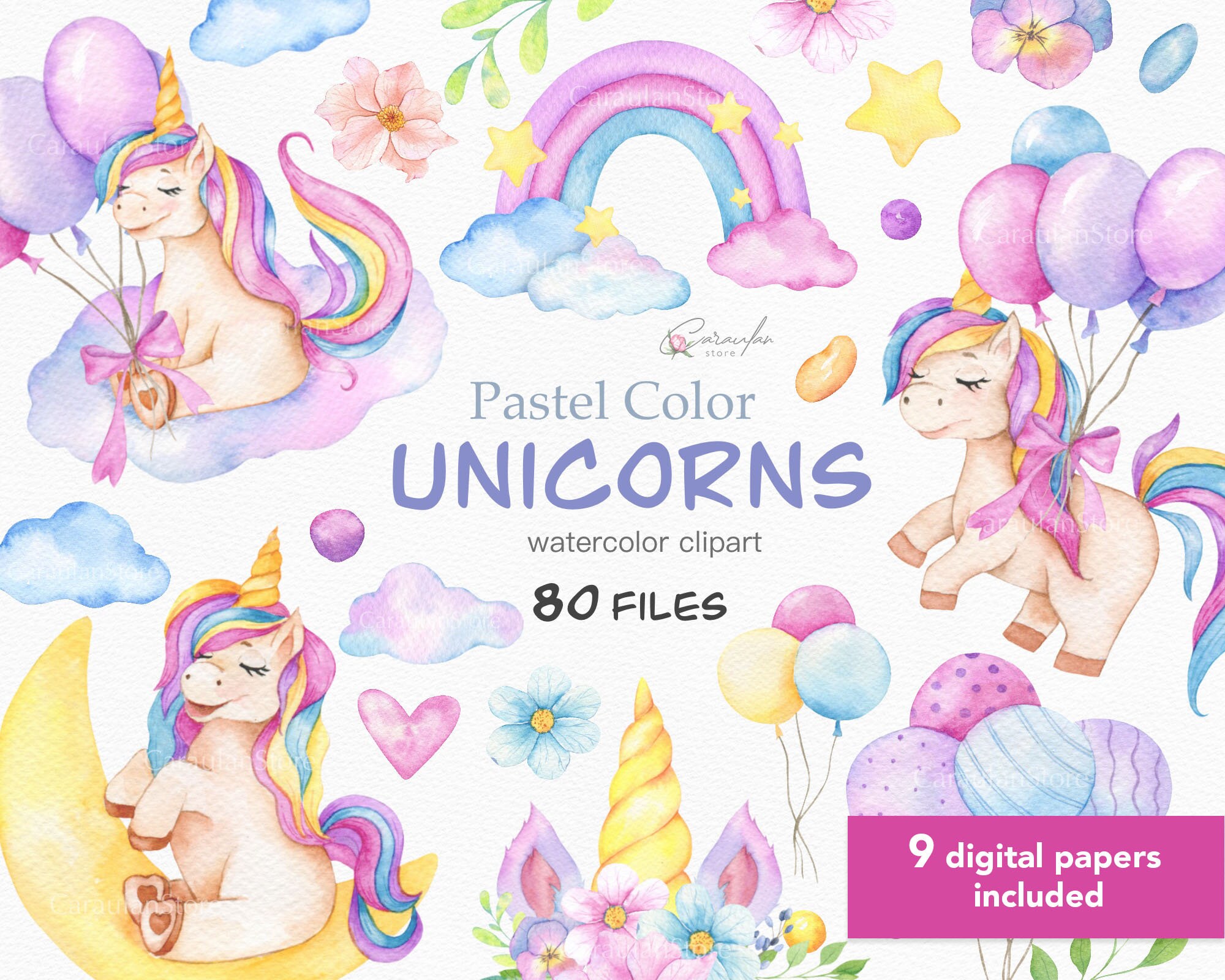 Unicorn Clipart, Unicorn Scrapbook, Unicorn Digital Papers, Rainbow ...