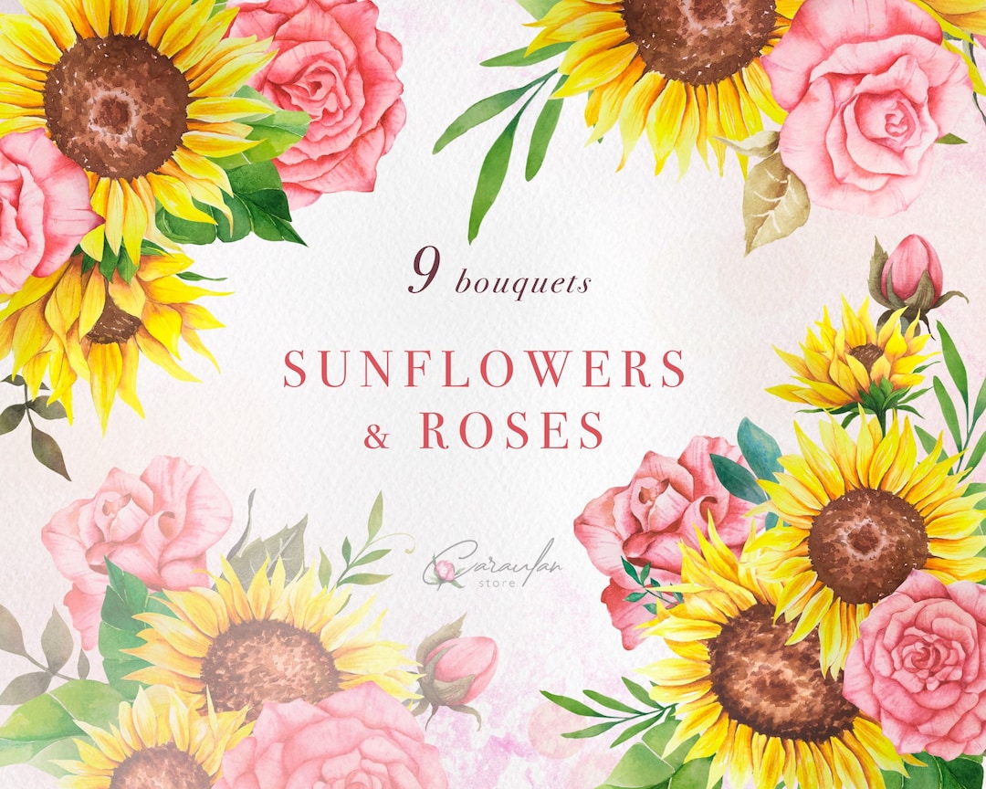 Sunflower and Roses Watercolor Clipart, Sunflower Weddign Invitation ...