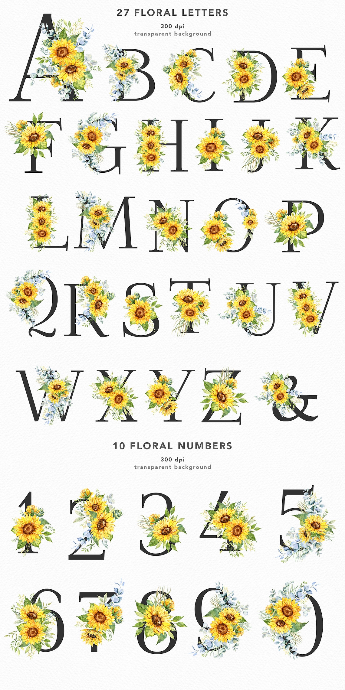 Sunflower Alphabet, Floral Alphabet, Watercolor Alphabet, Floral ...