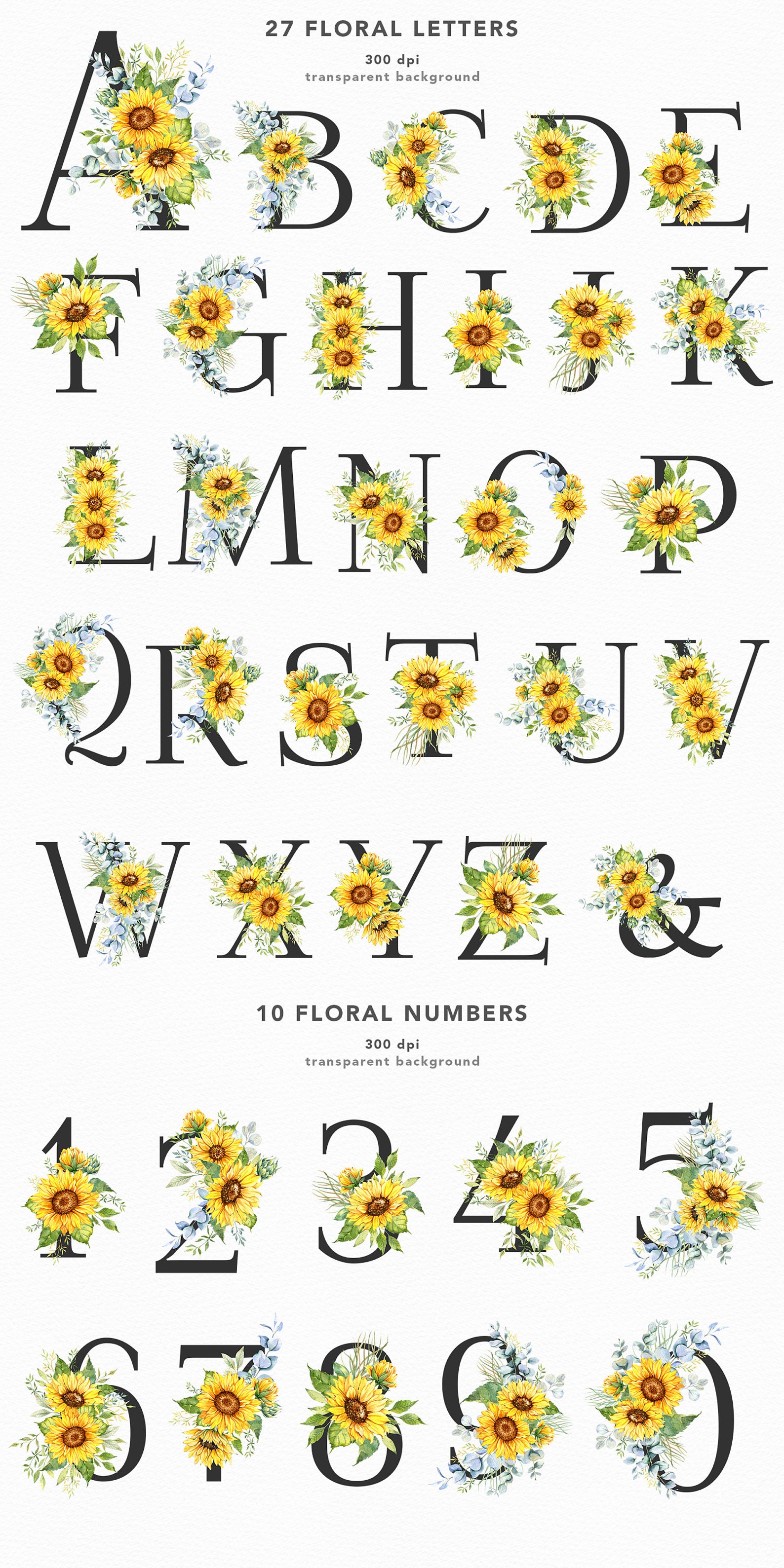 Sunflower Alphabet, Floral Alphabet, Watercolor Alphabet, Floral ...
