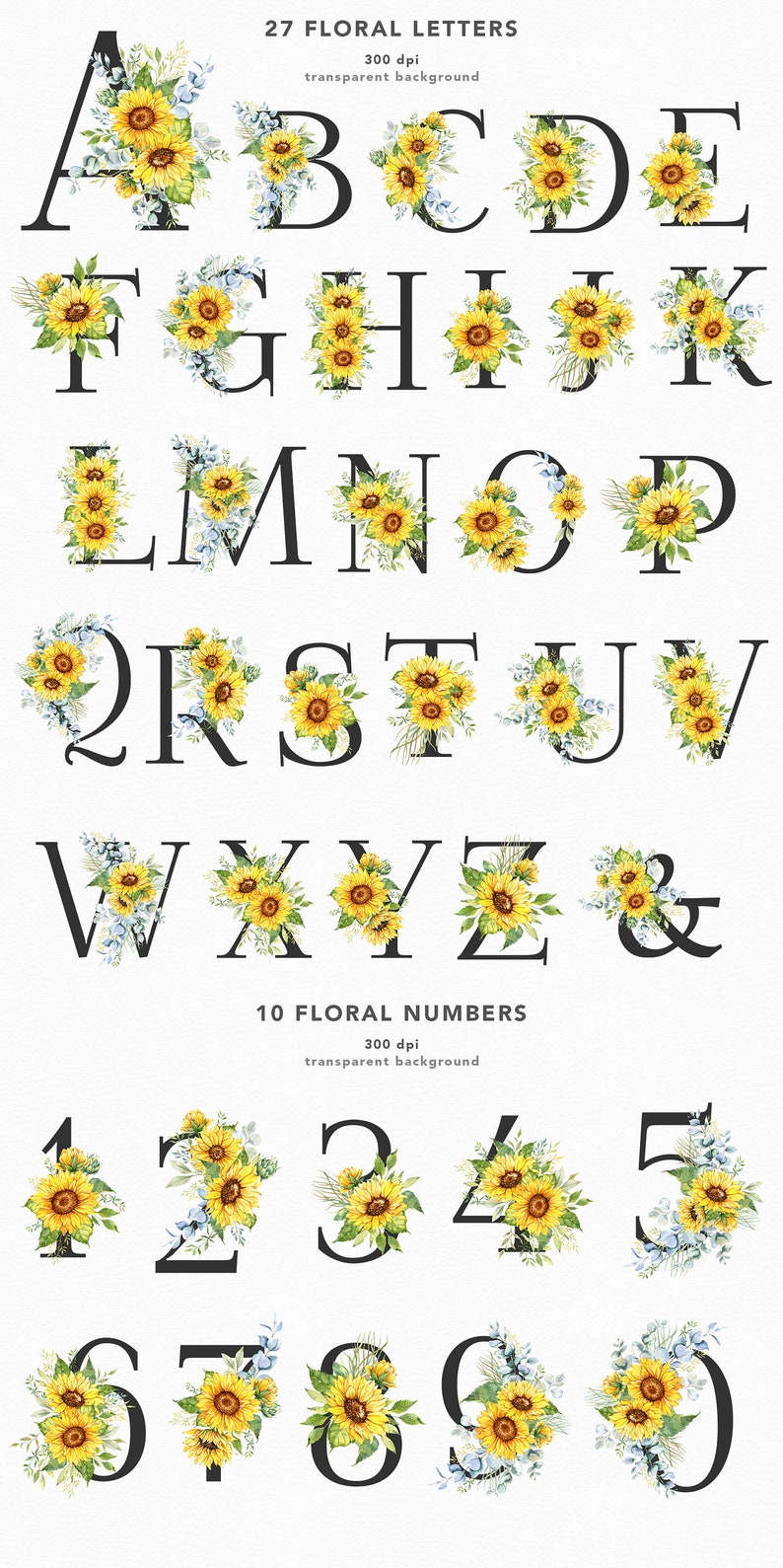 Sunflower Alphabet, Floral Alphabet, Watercolor Alphabet, Floral ...
