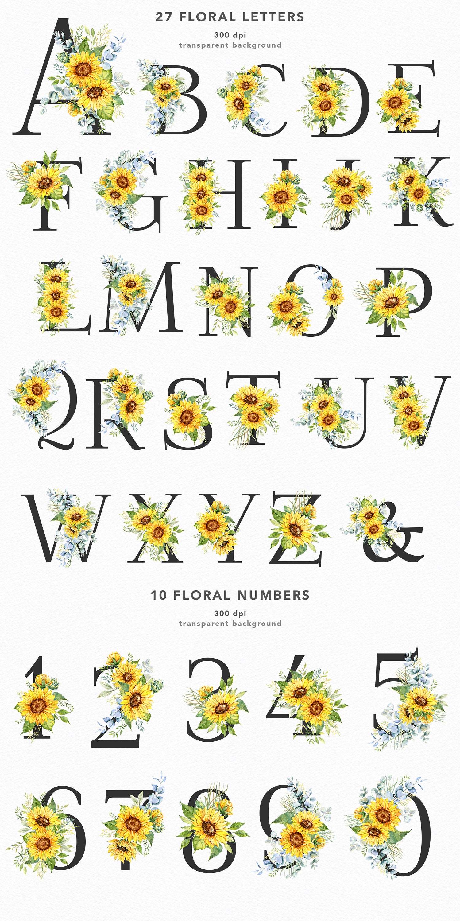 Sunflower Alphabet, Floral Alphabet, Watercolor Alphabet, Floral ...