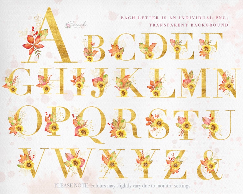 Autumn Alphabet Clipart, Watercolor Floral Alphabet, Floral Letters ...