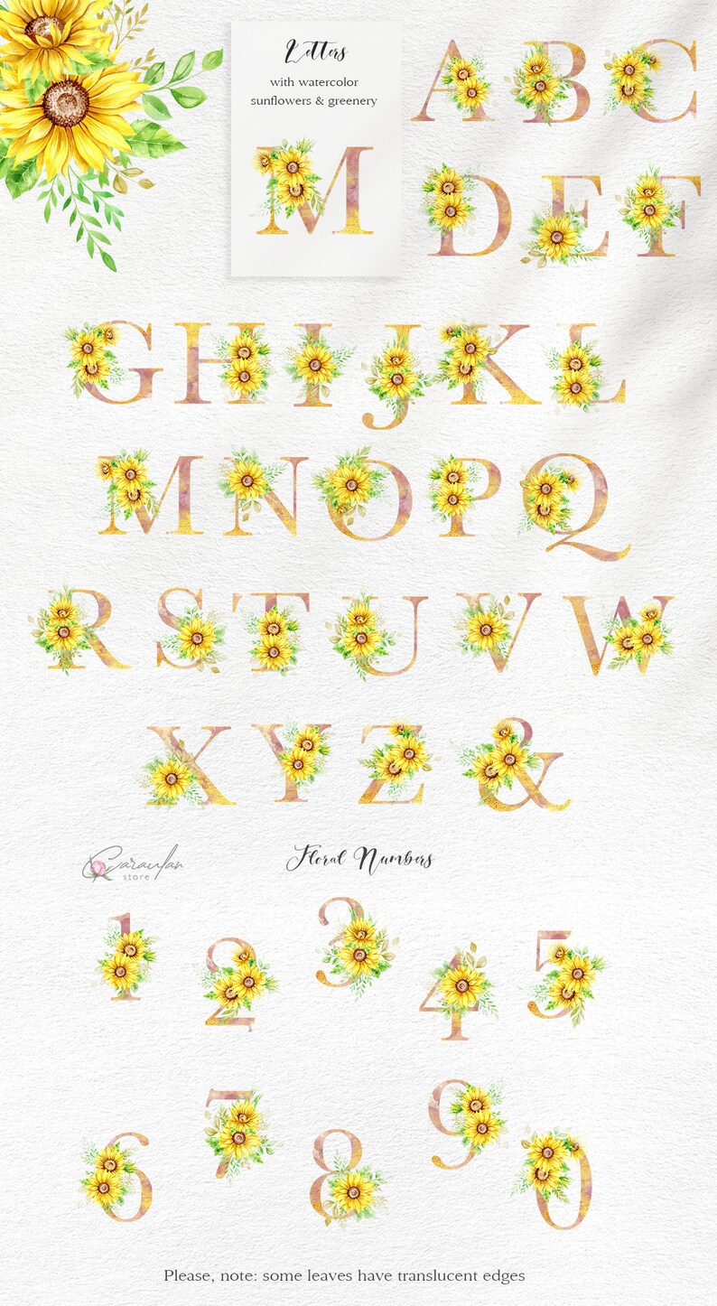 Watercolor Sunflower Alphabet, Watercolor Floral Alphabet, Floral ...