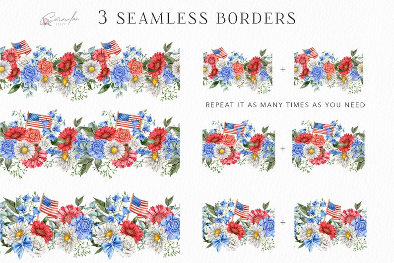 4th of July Clipart, Watercolor Patriotic Clipart, Patriotic Floral ...