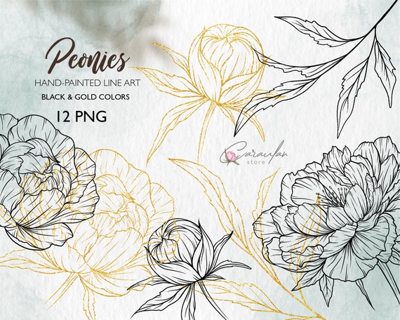 Peony Outline Line Art Flowers Gold Peony Line Art Wedding | Etsy