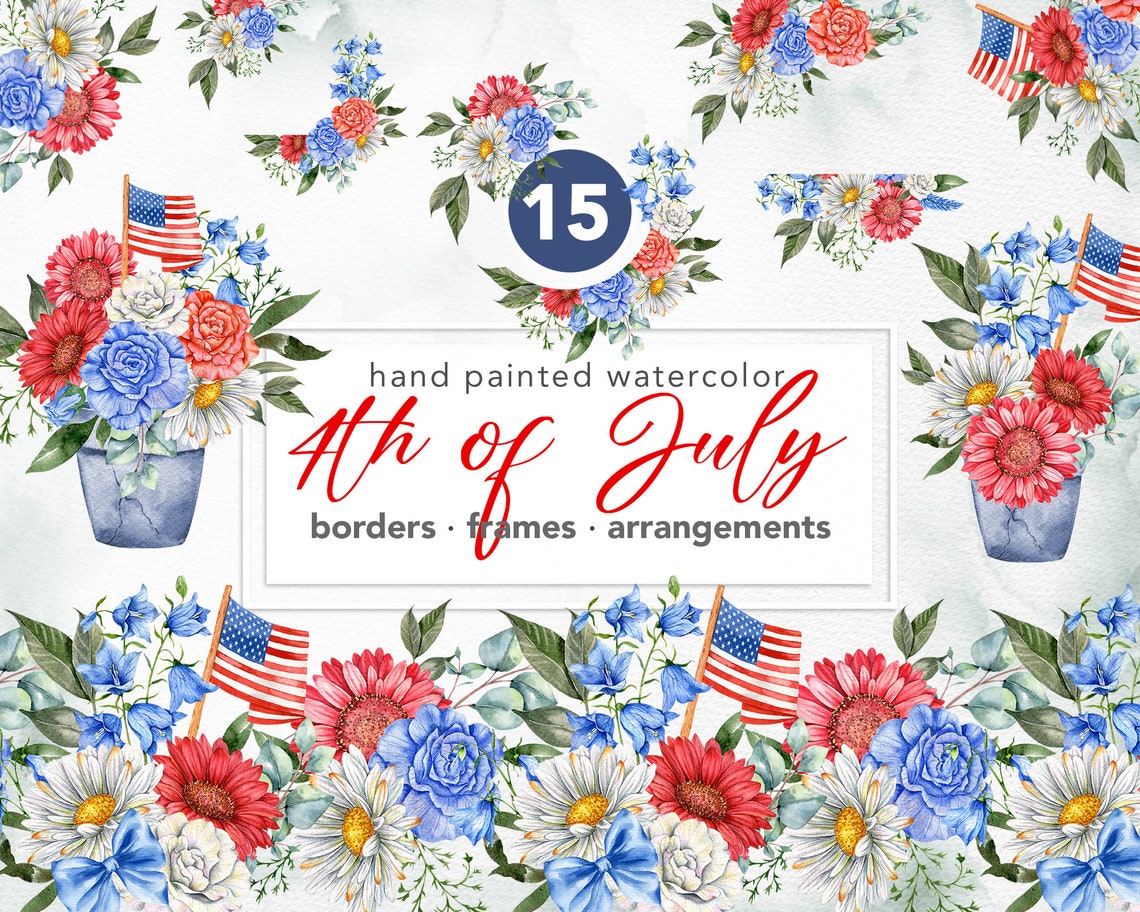 4th of July Clipart, Watercolor Patriotic Clipart, Patriotic Floral ...