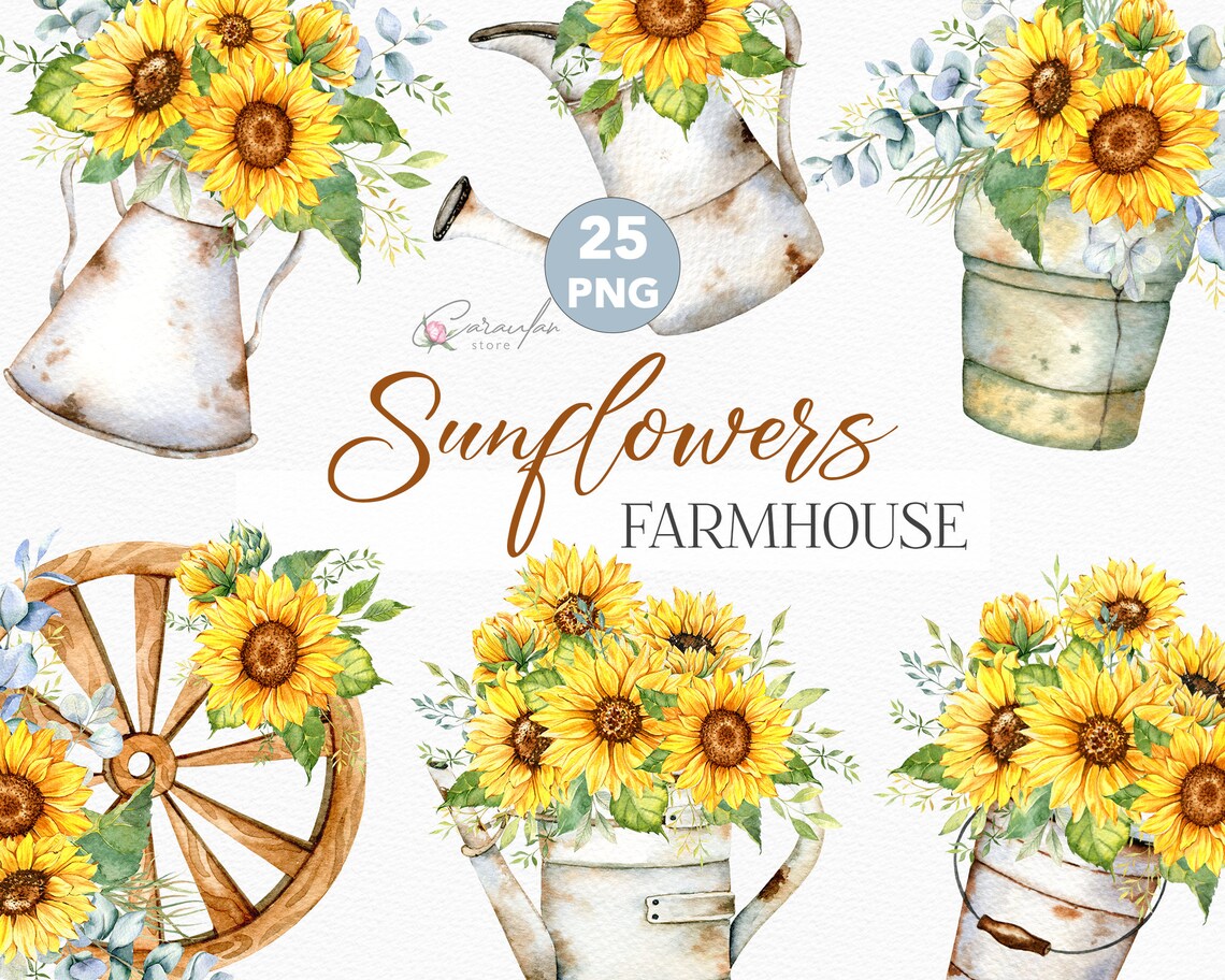 Sunflower Clipart Watercolor Farmhouse Decor PNG Sunflower - Etsy