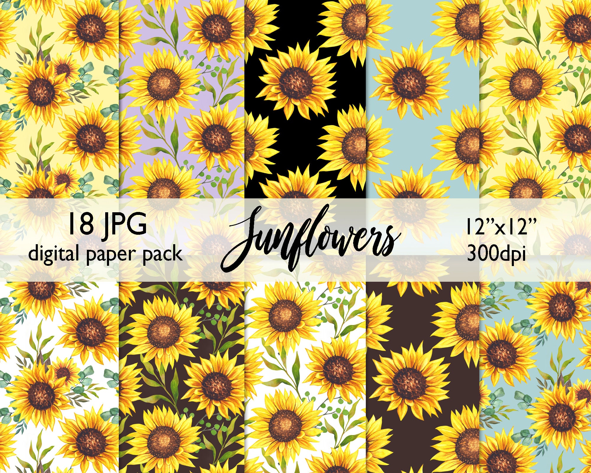 Watercolor Sunflower Paper, Sunflowers on Black, Sunflower Sublimation ...