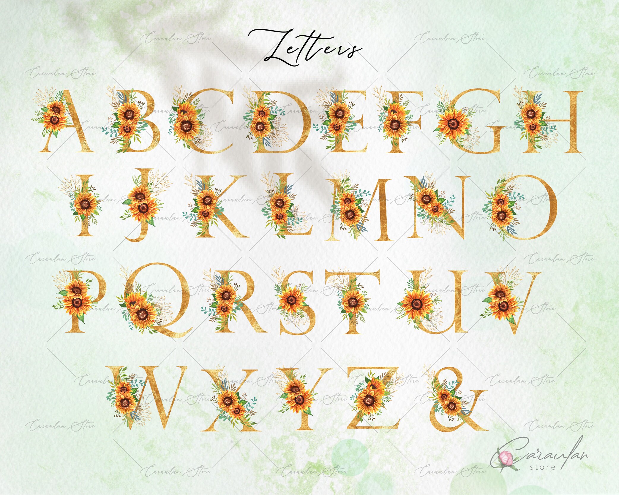 Watercolor Sunflower Alphabet, Watercolor Floral Alphabet, Floral ...
