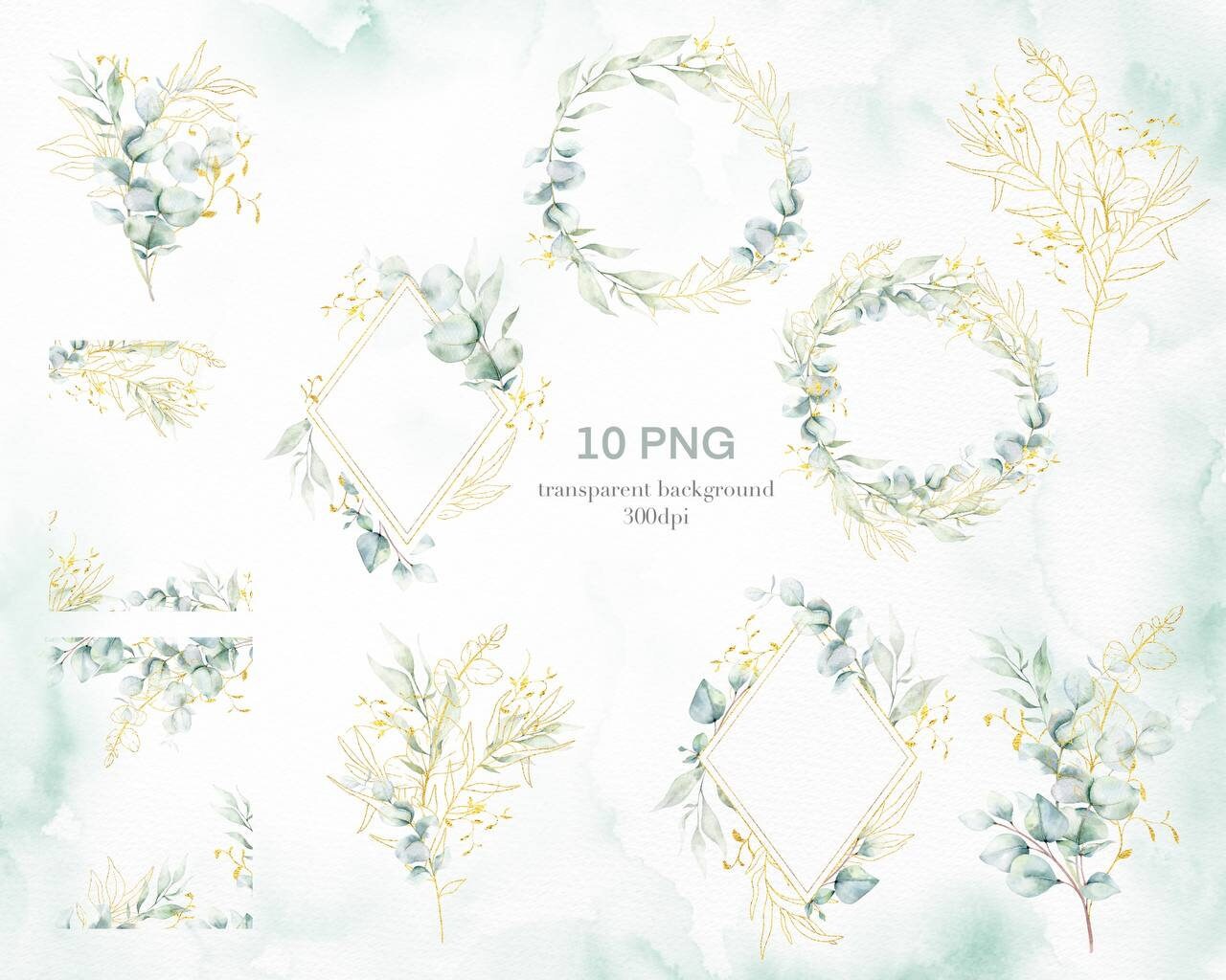 Watercolor Greenery, Green Gold Eucalyptus Frames, Eucalyptus Border ...