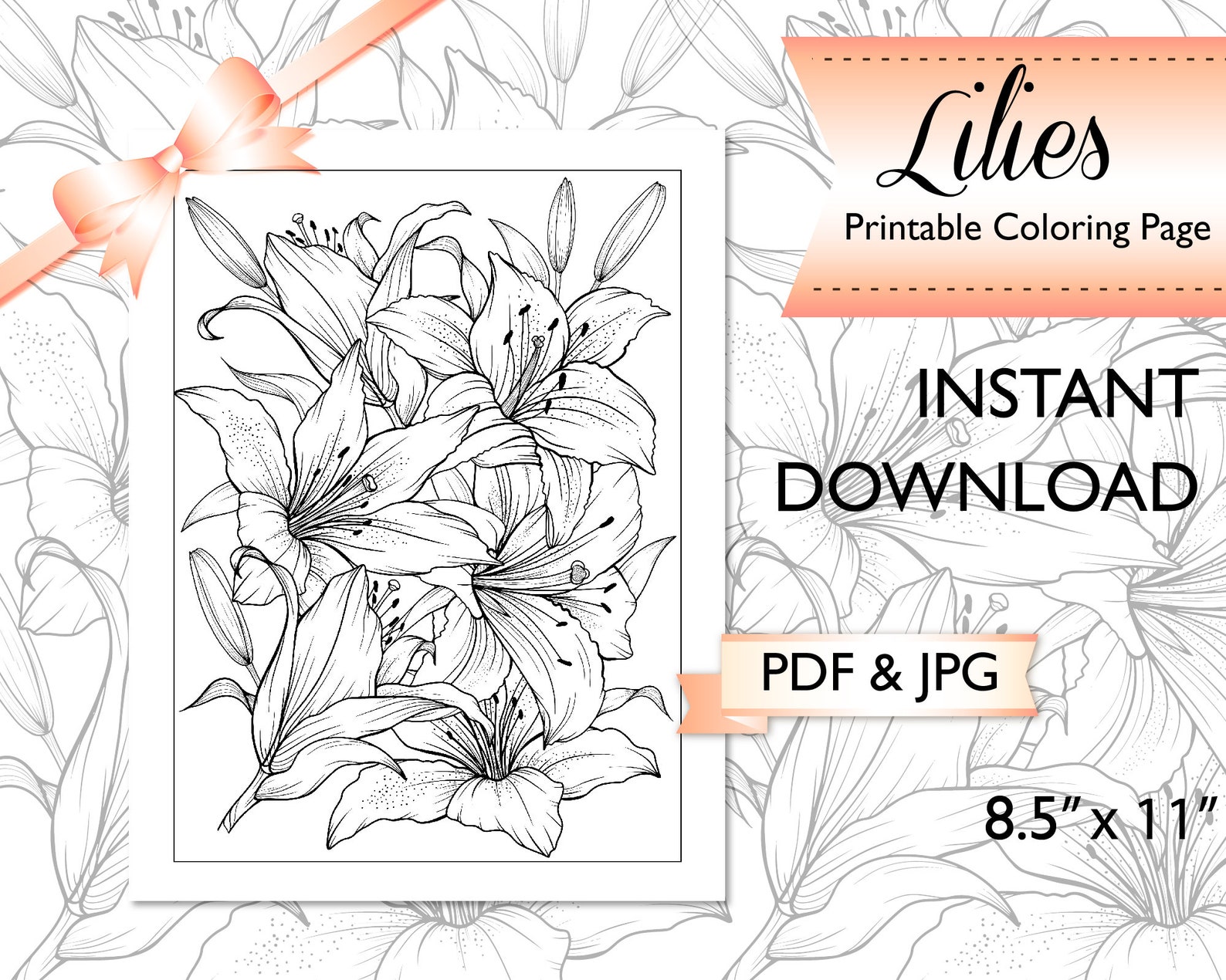 Printable Adult Coloring Page With LILY, Floral Coloring Page for ...