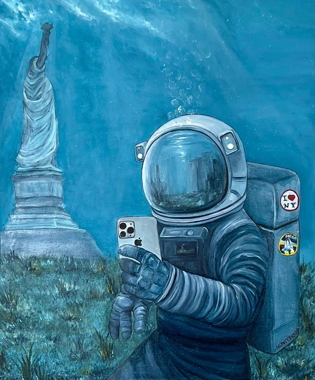 Underwater Statue of Liberty Oil Painting: Astronaut Selfie Art 60x73 ...