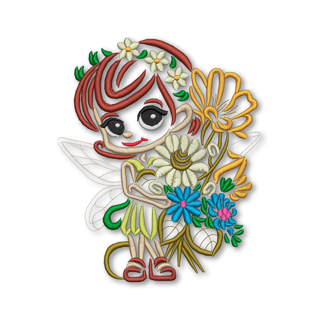 Fairy With Flowers Embroidery Machine Sketch Designs Instant Digital ...