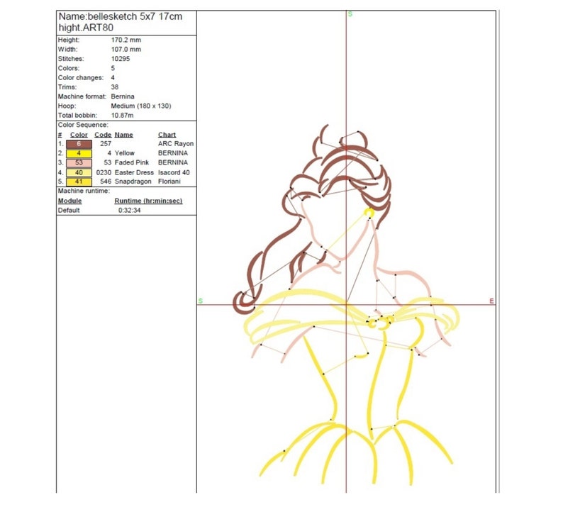 Princess Belle Embroidery Design Sketch Beauty and the Beast Pes ...