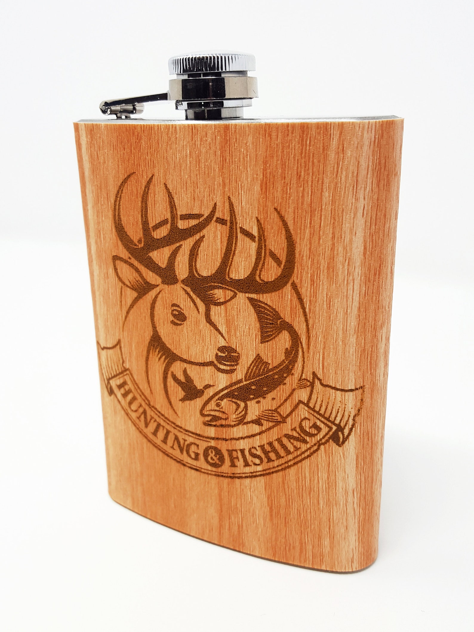 Hunting and Fishing 8 Oz Stainless Steel Flask, Imitation Wood Fake ...