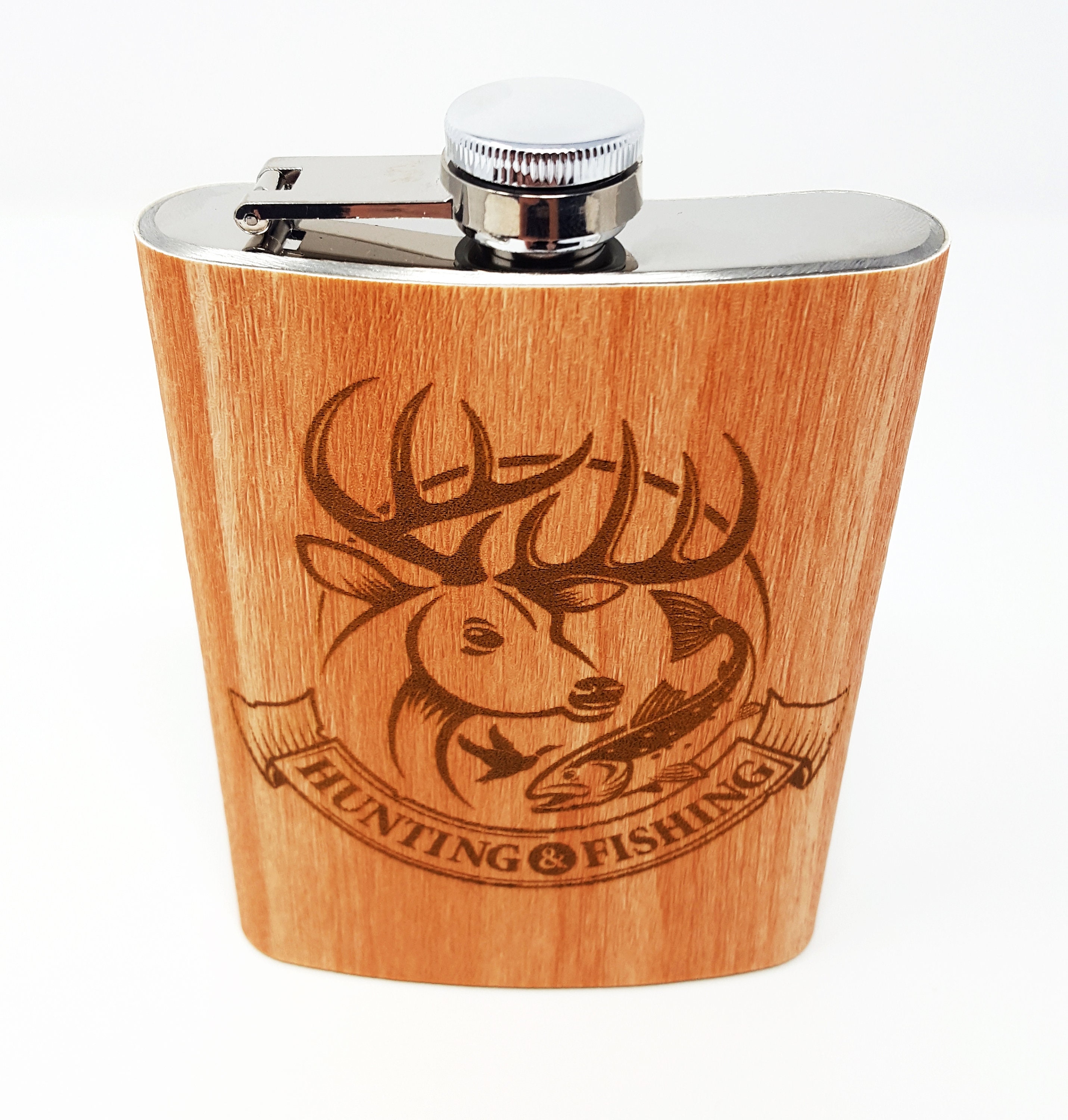Hunting and Fishing 8 Oz Stainless Steel Flask, Imitation Wood Fake ...