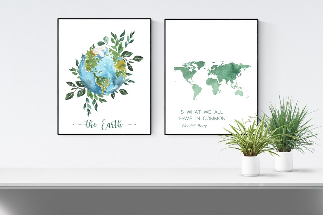 Printable Watercolor Earth Art Set of 2, Instant Download Eco Earth ...