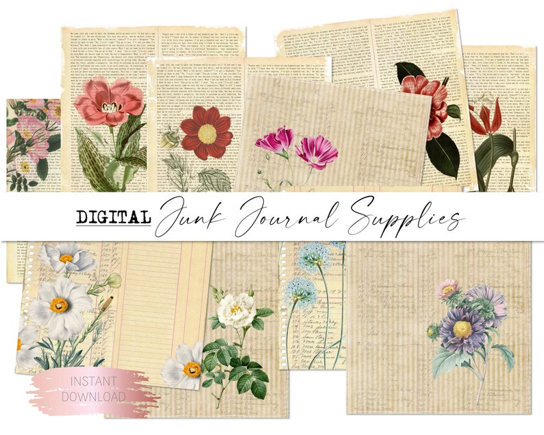 Printable Junk Journal, Floral Pages, Printable Book Pages, Digital ...