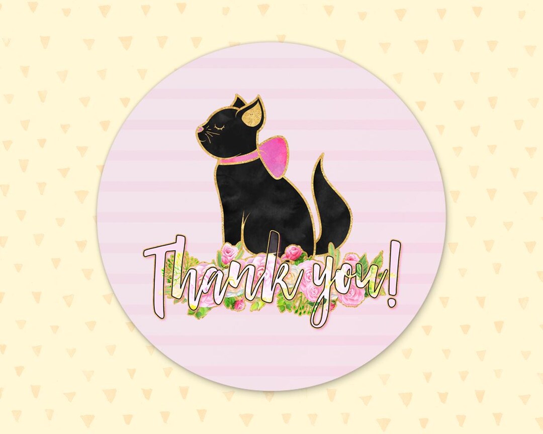Floral Cat Thank You Sticker Sheet, Black Cat Shipping Supplies, Small ...
