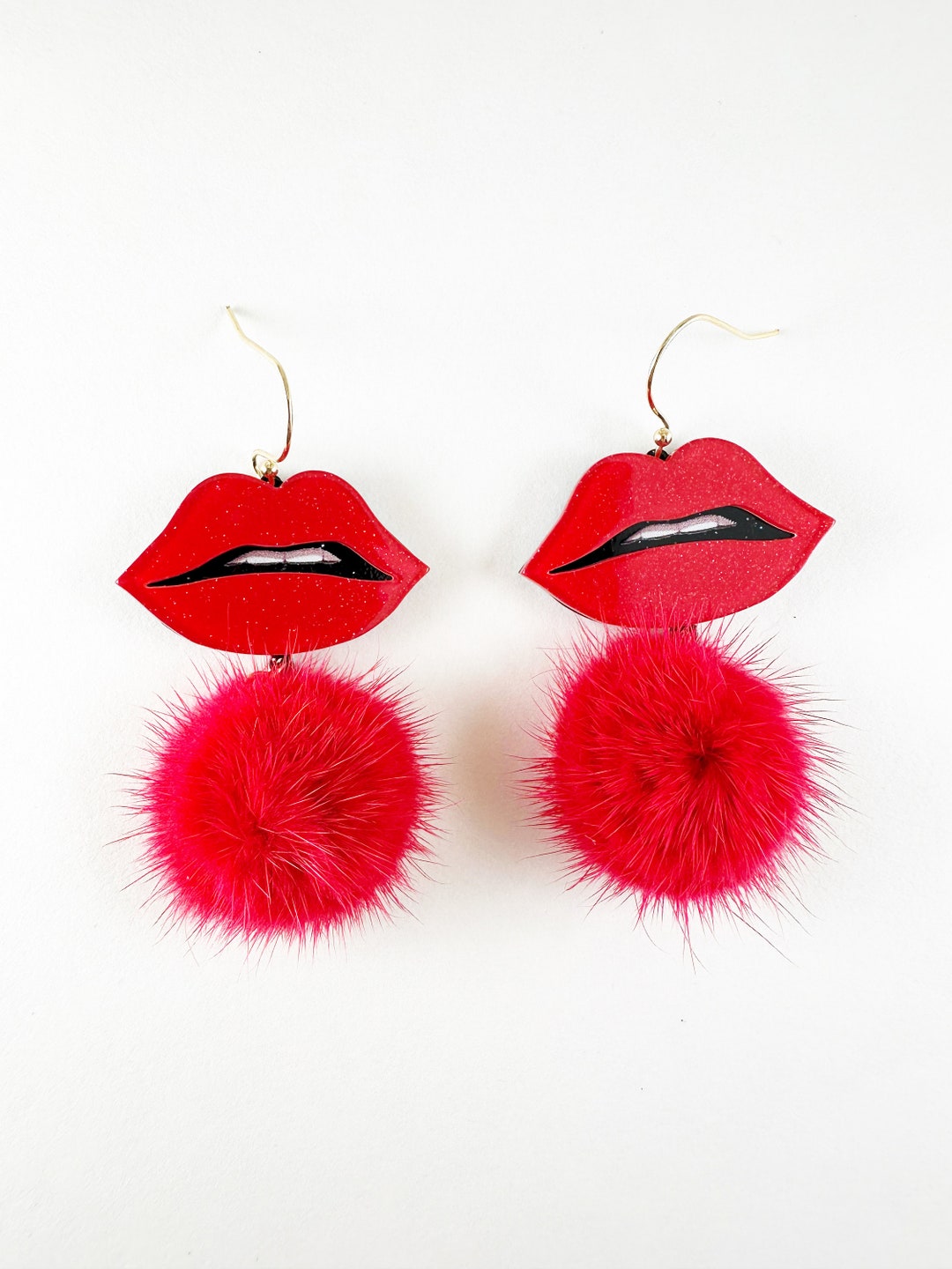 Red Lips With Fuzzy Ball Pom Dangle Earring/glitter Resin/sparkling ...