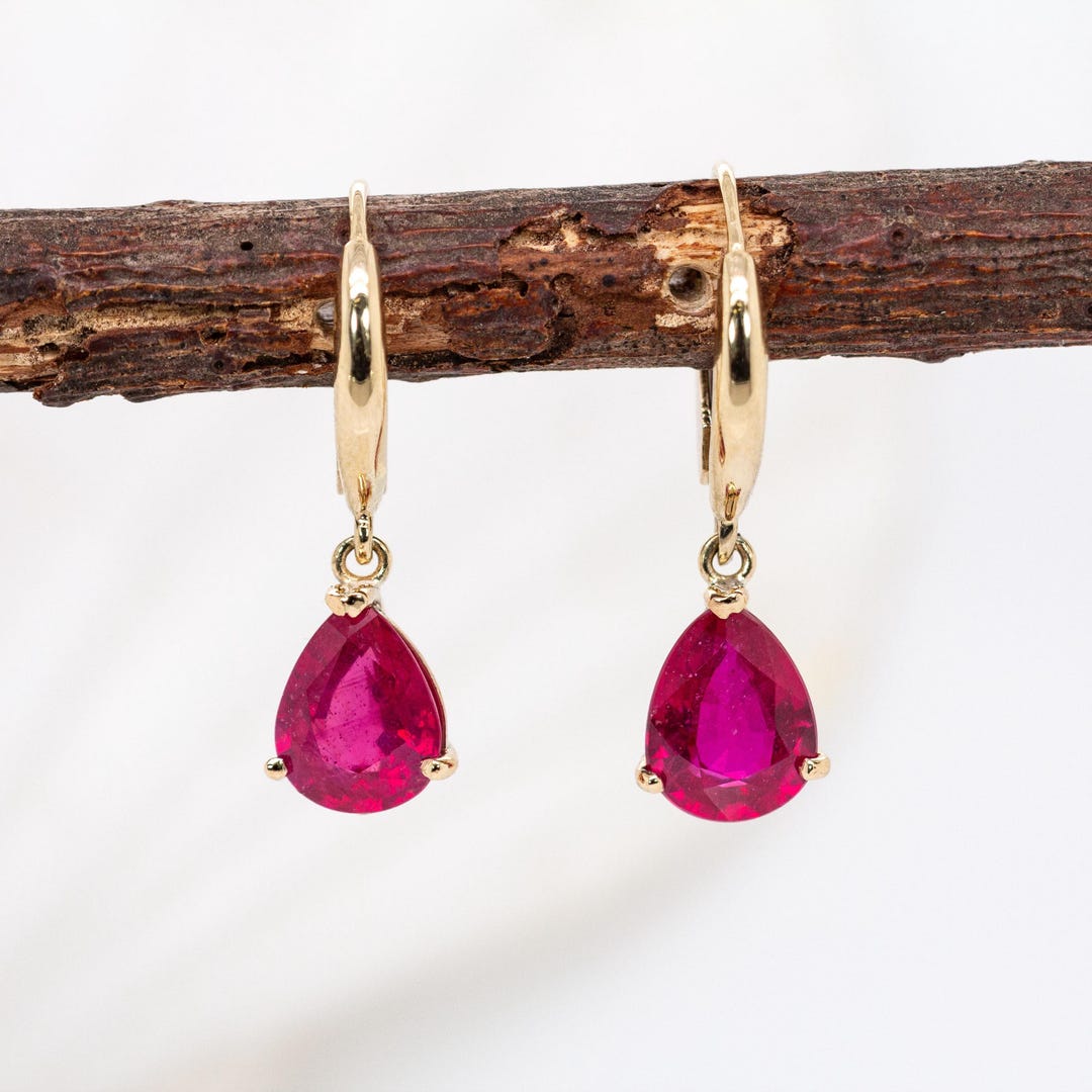 Madagascar Ruby Solitaire Earrings : 14K Solid Yellow Gold, Lever Back ...